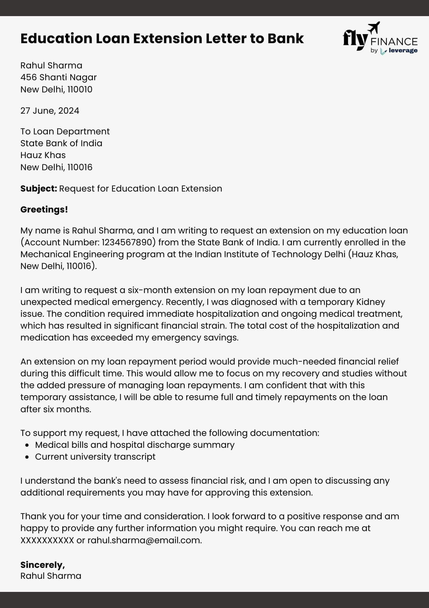 Education Loan Extension Letter to Bank